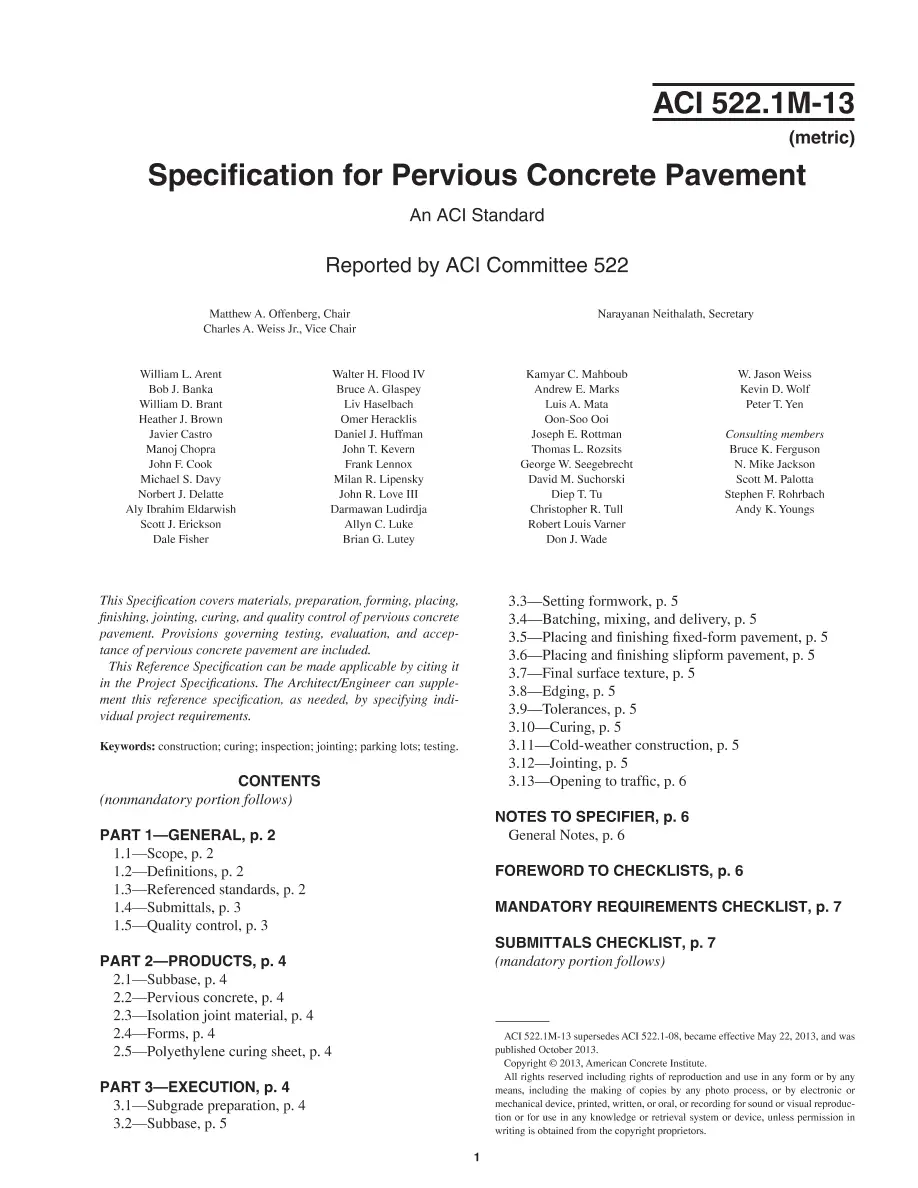 ACI 522.1M-13 PDF - Specification for Pervious Concrete